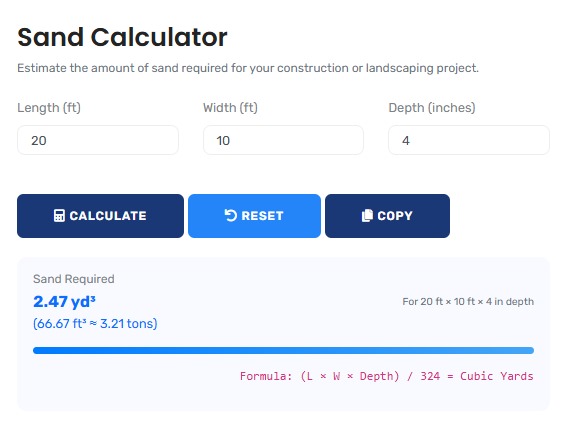 Sand Calculator - Construction Material Tool | Utilixea