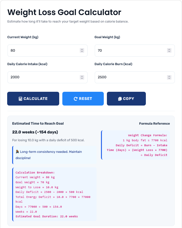 Weight Loss Goal Calculator - Weight Loss Planner | Utilixea